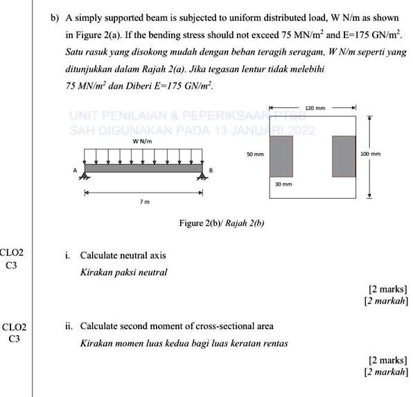 b) A simply supported beam is subjected to uniform distributed load, W ...