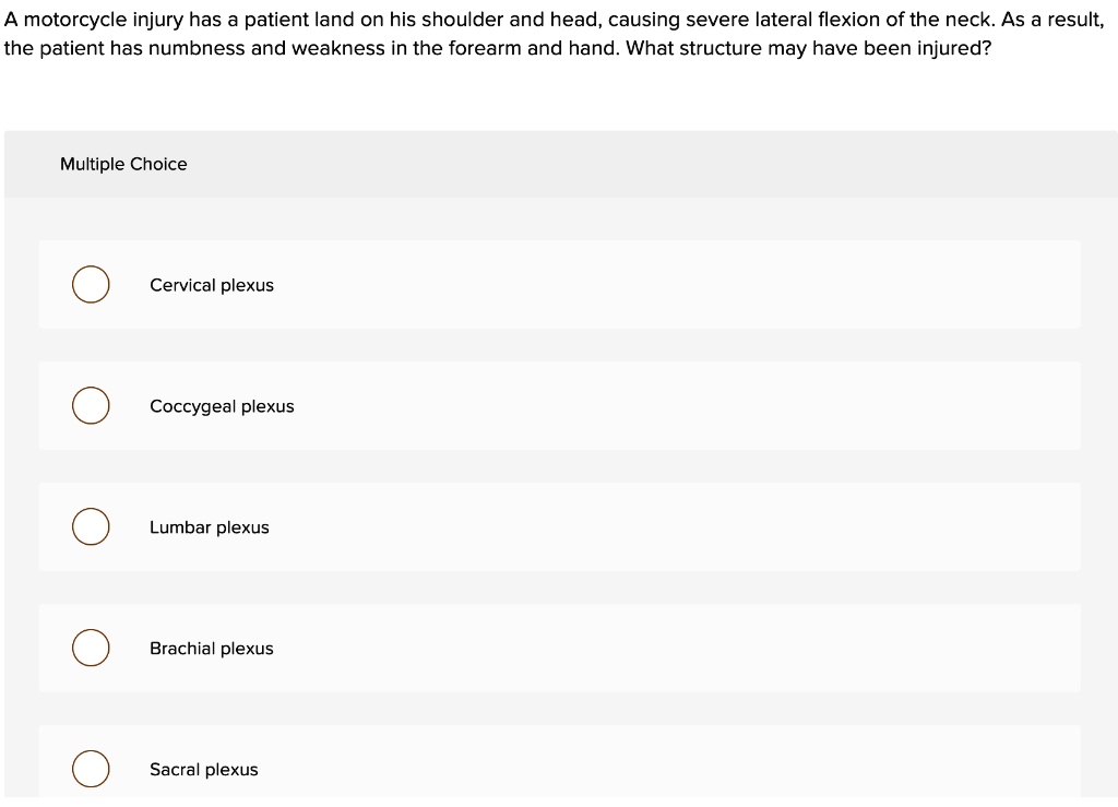 SOLVED: A motorcycle injury has a patient land on his shoulder and head ...