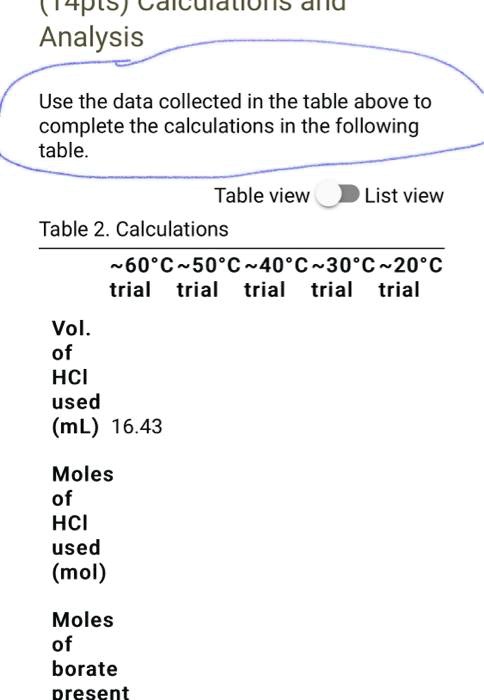 SOLVED: (T#plo) caicuialiuns aiu Analysis Use the data collected in the ...