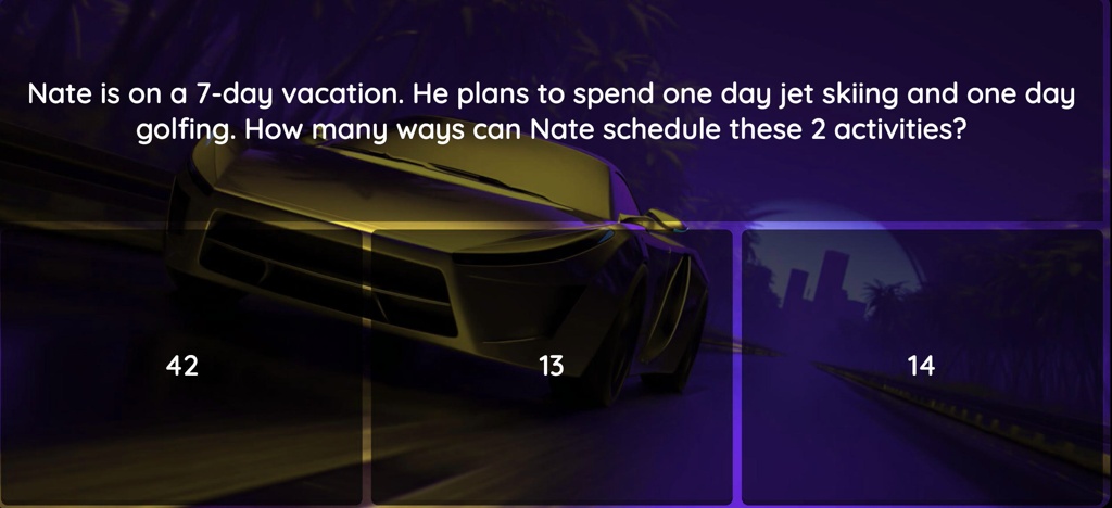 'Nate is on a 7-day vacation. He plans to spend one day jet skiing and ...