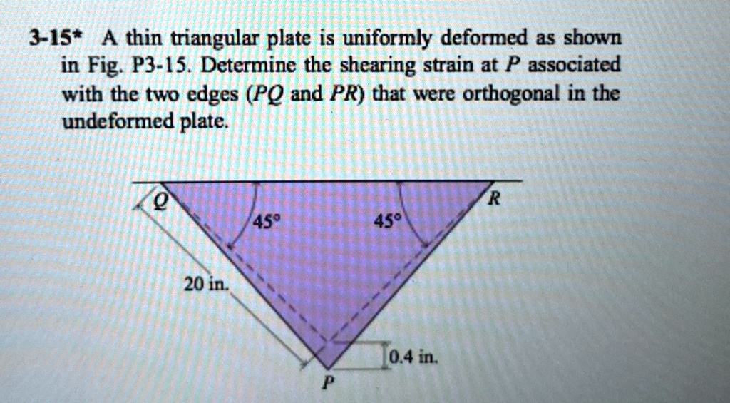 3-15* A thin triangular plate is uniformly deformed as shown in Fig. P3-15. Determine the ...