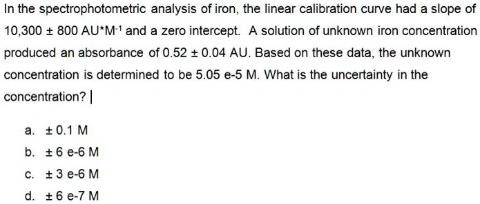 SOLVED: In the spectrophotometric analysis of iron, the linear calibration curve had a slope of ...