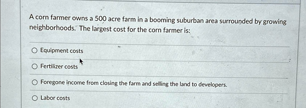SOLVED: A corn farmer owns a 500-acre farm in a booming suburban area ...