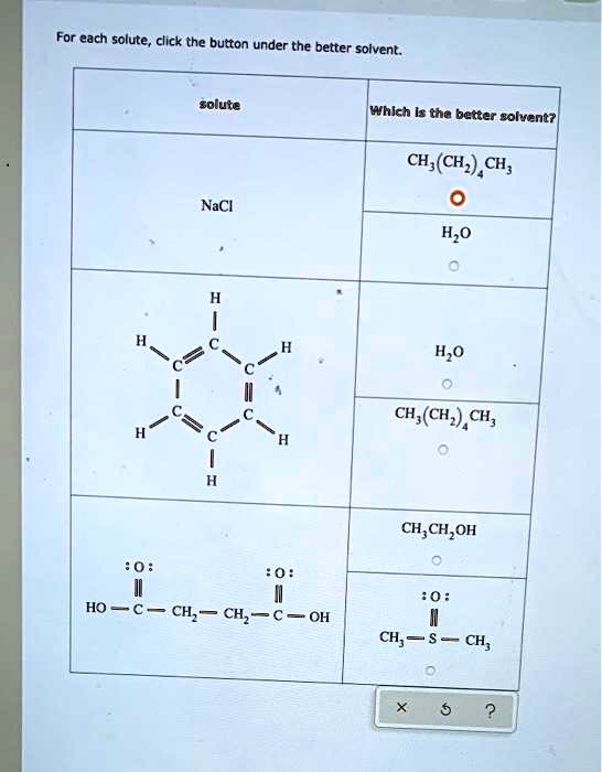 [GET ANSWER] for each solute click the button under the better solvent solute which is the ...