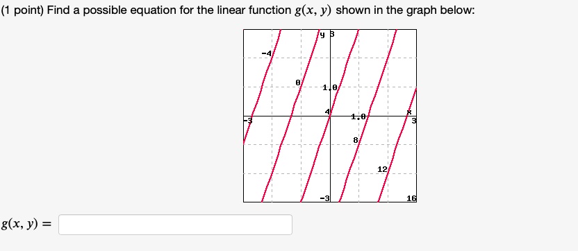 SOLVED: point) Find a possible equation for the linear function g(x, Y) shown in the graph below ...
