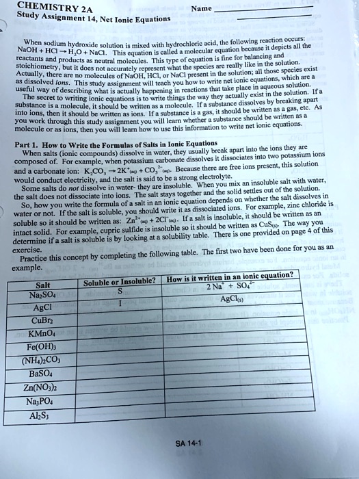 SOLVED:CHEMISTRY 2A Study Assignment 14, Net Ionic Equations Nanie Whcn ...