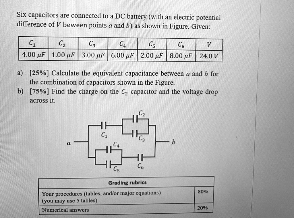 Six capacitors are connected to a DC battery (with an electric ...
