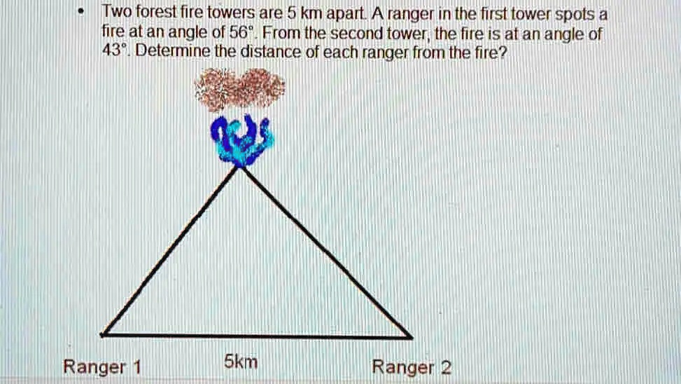 Two forest fire towers are 5 km apart. A ranger in the first tower ...