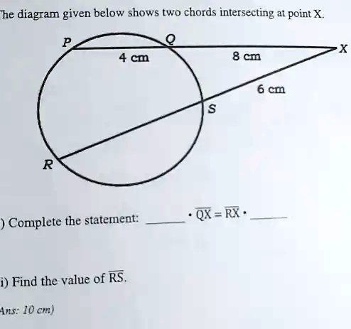 SOLVED: The diagram given below shows two chords intersecting at point X. 4 cm 8 cm 6 cm ...