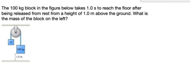 SOLVED: The 100 kg block in the figure below takes 1.0 s to reach the floor after being released ...