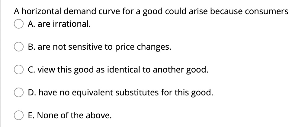 A horizontal demand curve for a good could arise because consumers A ...