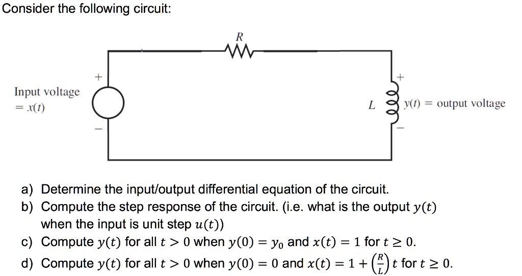 SOLVED: Consider the following circuit: R Input voltage = x(t) y(t) = output voltage a ...