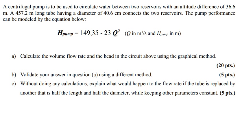 SOLVED: A centrifugal pump is to be used to circulate water between two reservoirs with an ...