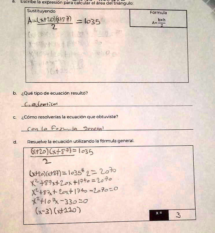 SOLVED: a. Escribe la expresión para calcular el área del triángulo ...
