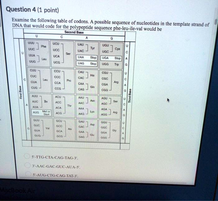 SOLVED: Question 4 (1 point) Examine the following table of codons. possible sequence of ...