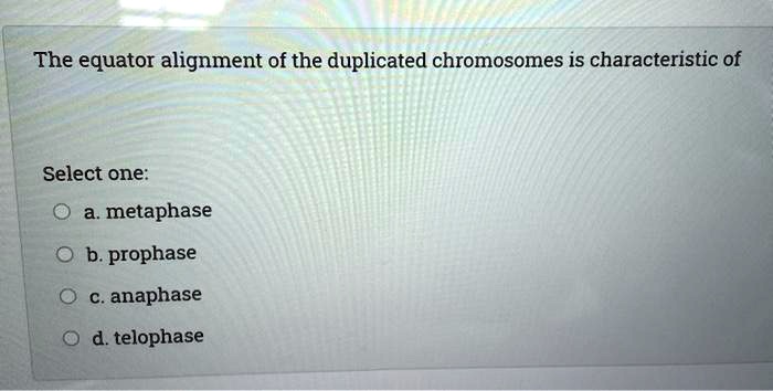 SOLVED: The equator alignment of the duplicated chromosomes is ...