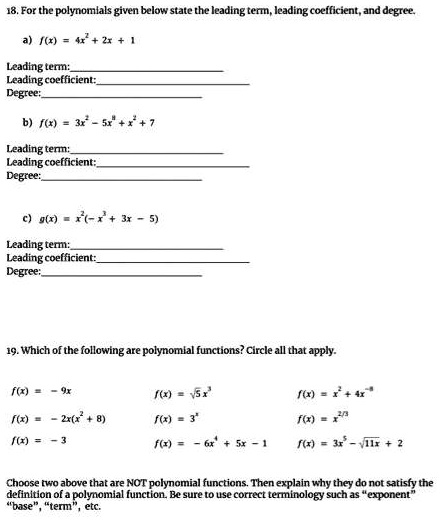 SOLVED: 18. For the polynomials given below, state the leading term, leading coefficient, and ...
