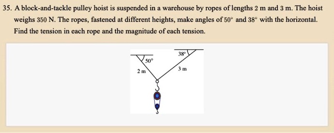 35. A block-and-tackle pulley hoist is suspended in a warehouse by ...