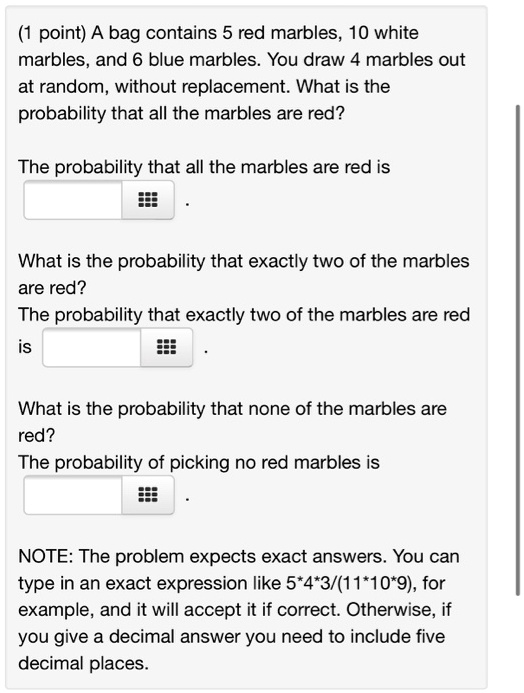 point a bag contains 5 red marbles 10 white marbles and 6 blue marbles ...