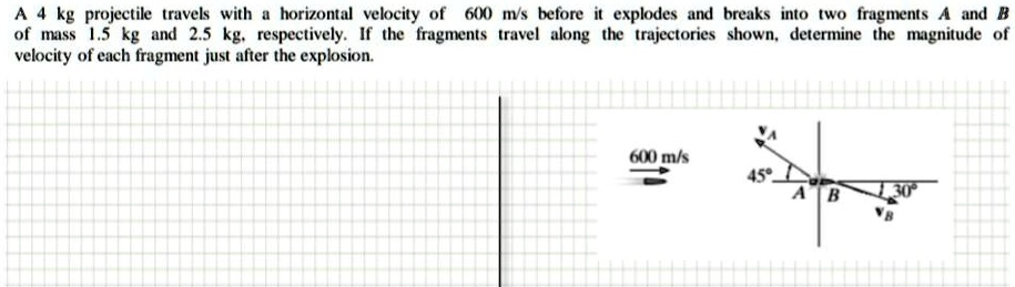 A 4 kg projectile travels with a horizontal velocity of 600 m/s before ...