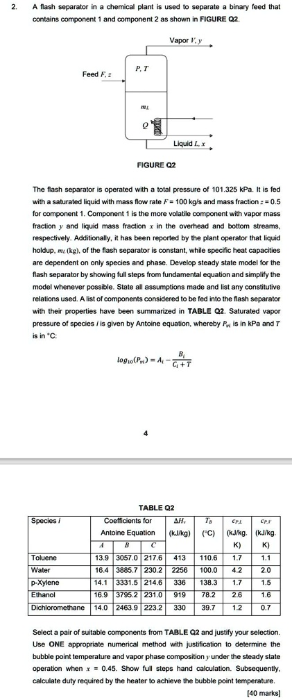 SOLVED: A flash separator in a chemical plant is used to separate a binary feed that contains ...