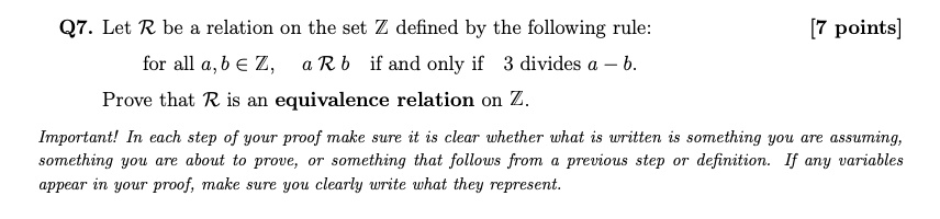 SOLVED: Q7 Let R be a relation OI the set Z defined by the following rule: for all a,b € Z, R b ...