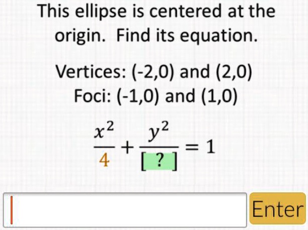 This ellipse is centered at the origin. Find its equation. Vertices ...