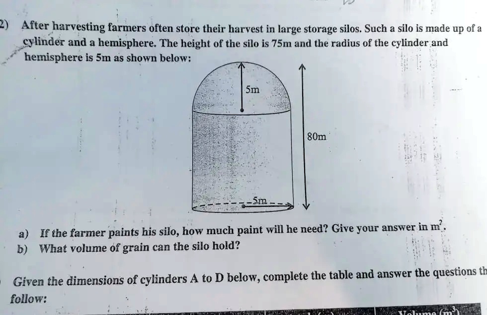 SOLVED: After harvesting, farmers often store their harvest in large storage silos. Such a silo ...
