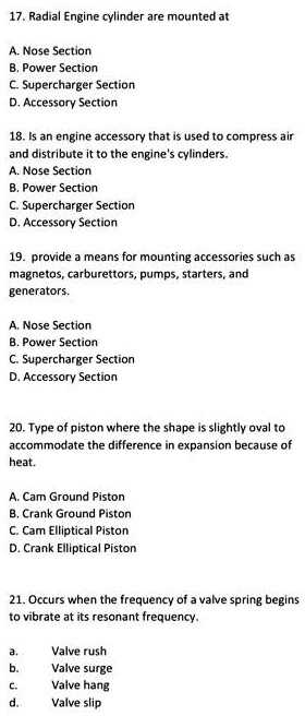 17. Radial Engine cylinder are mounted at A. Nose Section B. Power ...