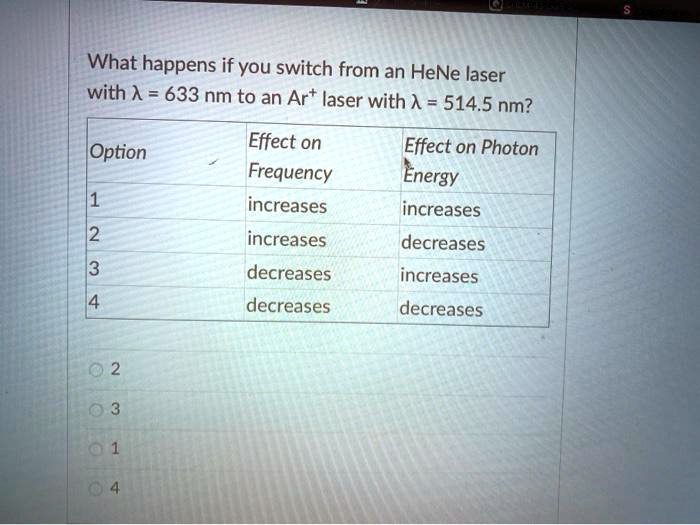 SOLVED:What happens if you switch from an HeNe laser with A = 633 nm to ...
