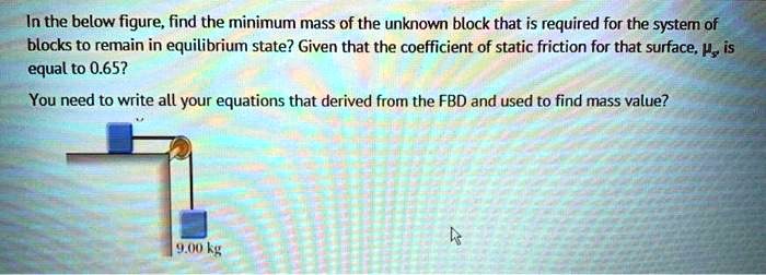 SOLVED: In the below figure, find the minimum mass of the unknown block that is required for the ...