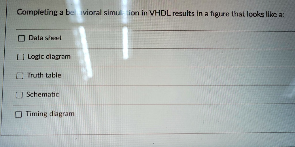 Completing a behavioral simulation in VHDL results in a figure that looks like a: Data sheet ...
