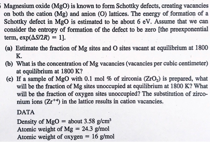 SOLVED: Magnesium oxide (MgO) is known to form Schottky defects ...