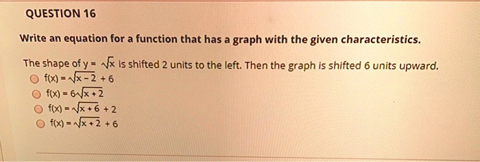 SOLVED: QUESTION 16 Write an equation for a function that has 'graph with the given ...