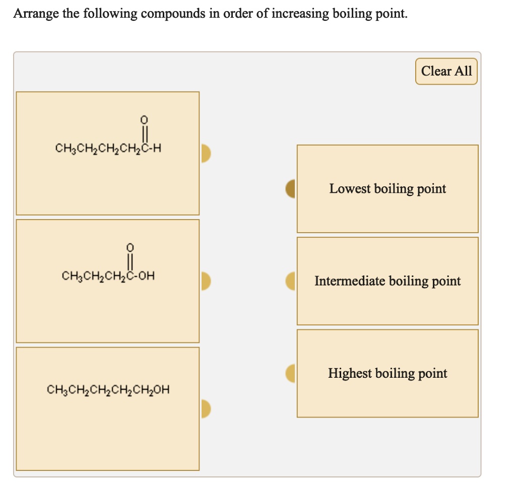 SOLVED: Arrange the following compounds in order of increasing boiling point: CH3CH2CH2CH3 ...