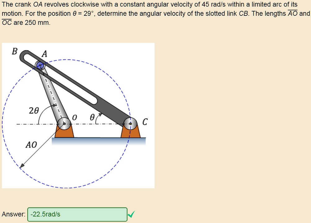 The crank OA revolves clockwise with a constant angular velocity of 45 rad/s within a limited ...