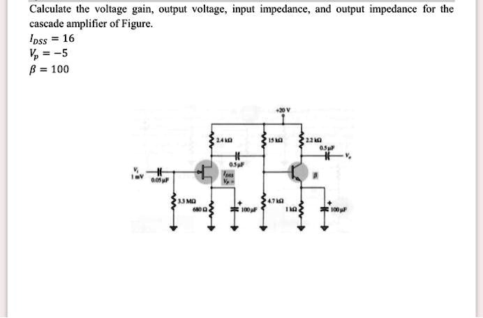 Calculate the voltage gain, output voltage, input impedance, and output impedance for the ...