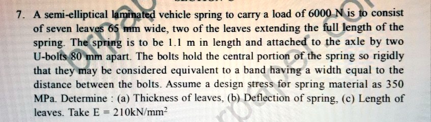 SOLVED: 7.A semi-elliptical laminated vehicle spring to carry a load of ...