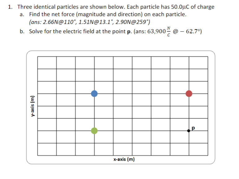 SOLVED: 1. Three identical particles are shown below. Each particle has 50.0 μC of charge a ...