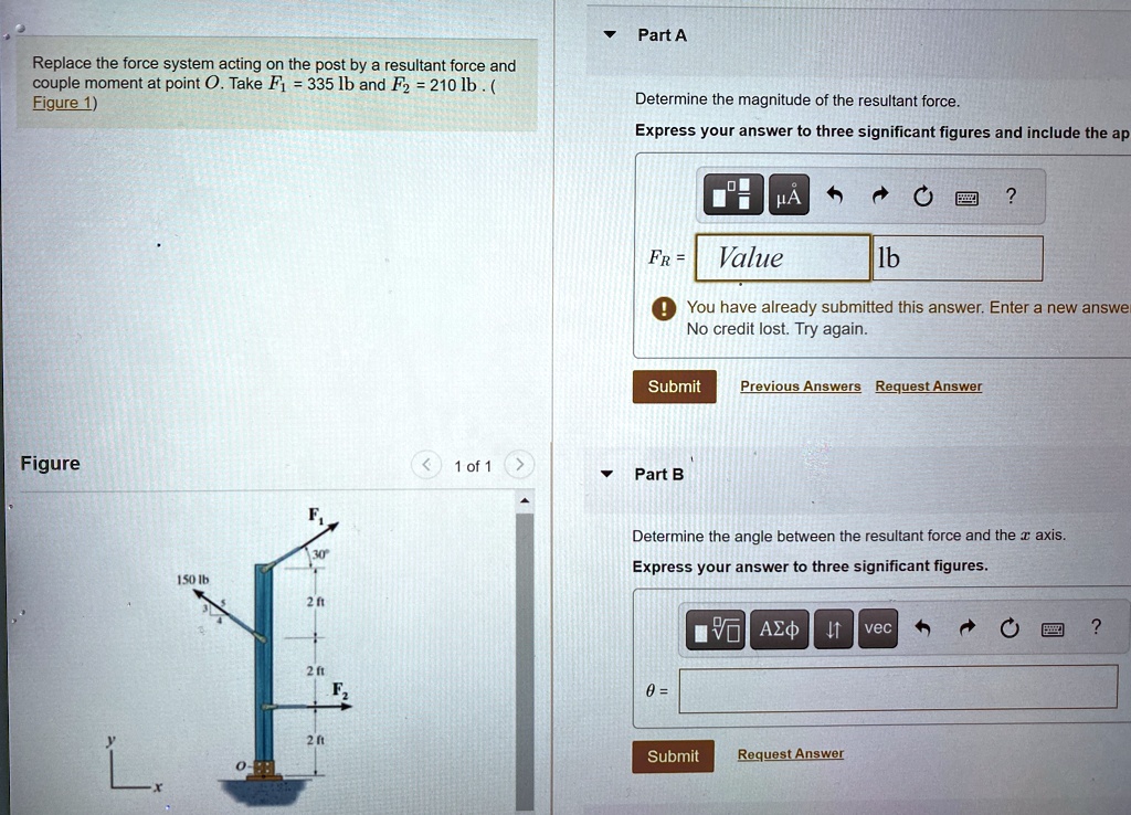 replace the force system acting on the post by a resultant force and couple moment at point o ...