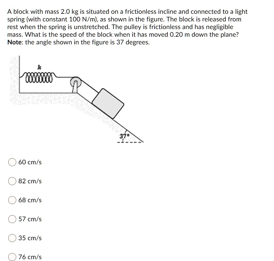 SOLVED: A block with a mass of 2.0 kg is situated on a frictionless incline and connected to a ...