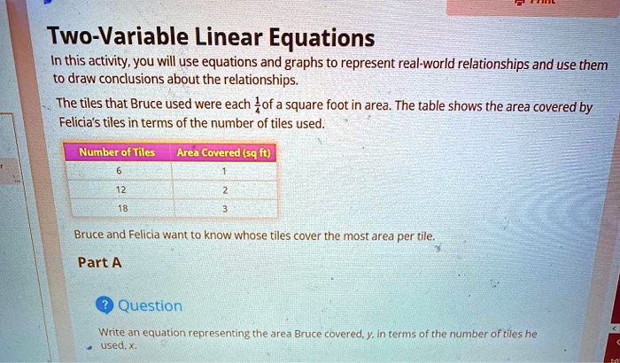 Two-Variable Linear Equations In this activity, you will use equations ...