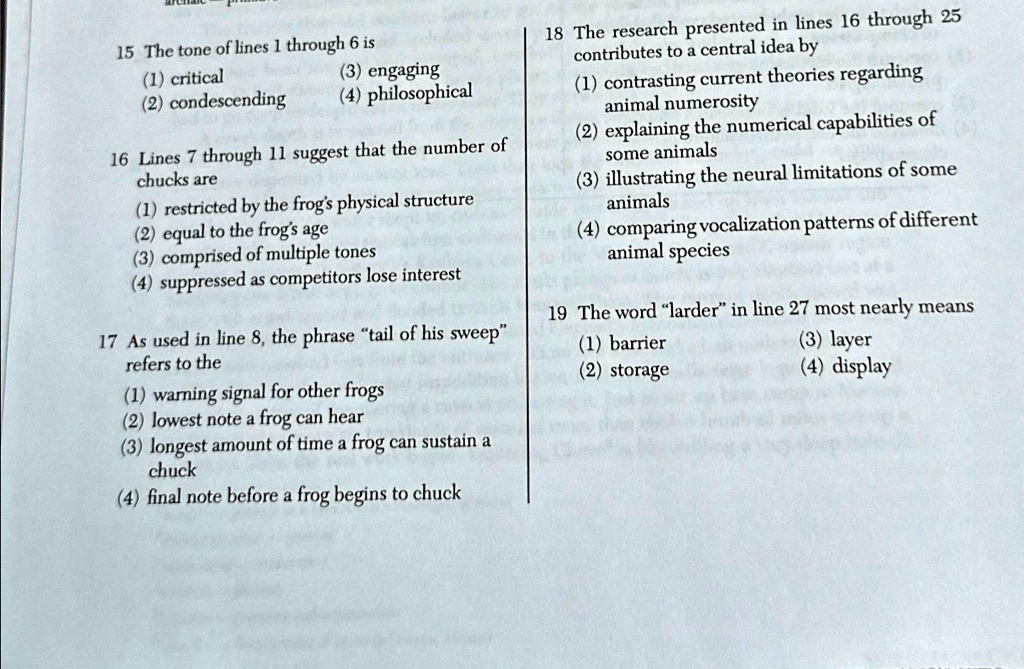 SOLVED: 15 The tone of lines 1 through 6 is (1) critical (3) engaging ...
