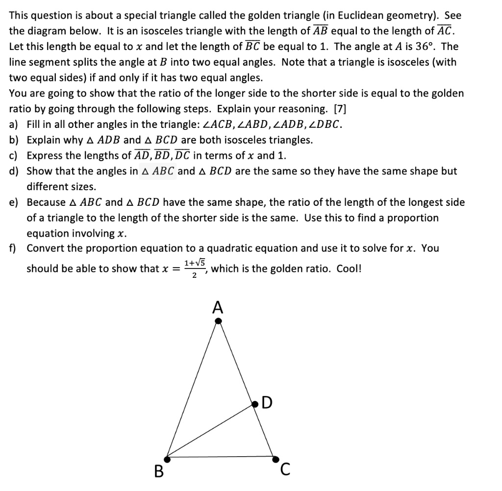 SOLVED: This question is about a special triangle called the golden triangle (in Euclidean ...