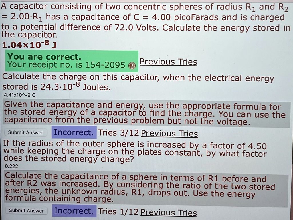 a capacitor consisting of two concentric spheres of radius r1 and r2 ...
