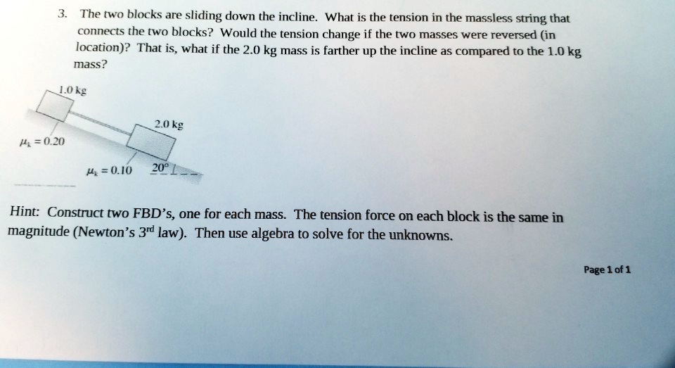 the two blocks are sliding down the incline what is the tension in the massless string that ...