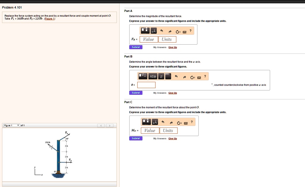 Problem 4.101 Replace the force system acting on the post by a resultant force and couple moment ...