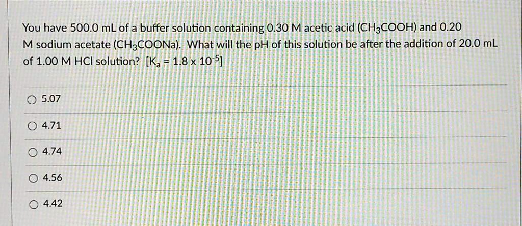 SOLVED: You have 500.0 mL of a buffer solution containing 0.30 M acetic acid (CH3COOH) and 0.20 ...