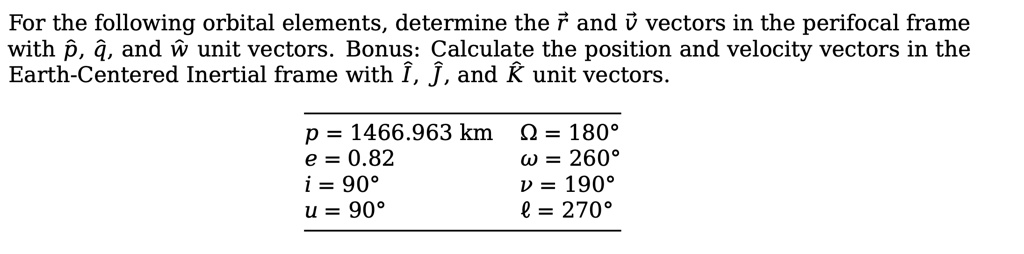 For the following orbital elements, determine the r⃗ and v⃗ vectors in ...