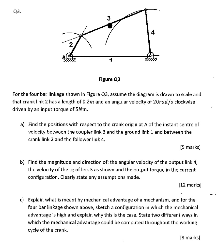 Q3. 2 3 4 1 77777 Figure Q3 For the four bar linkage shown in Figure Q3, assume the diagram is ...